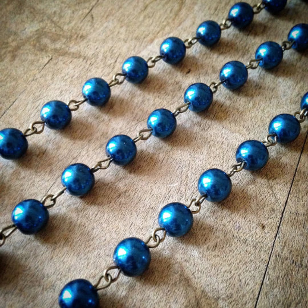 100cm Round Pearl Blue Bead Necklace Chain 5mm Bead Gold Chain Jewelry ...