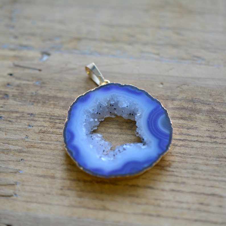 1 Blue Purple Geode Slice Rock Pendant in 24K Gold Edge | Etsy