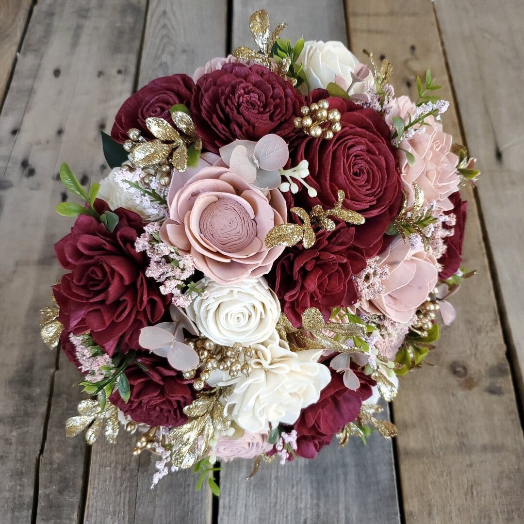 Burgundy, Blush, and Cream Wood Flower Bouquet With Gold Accents and ...