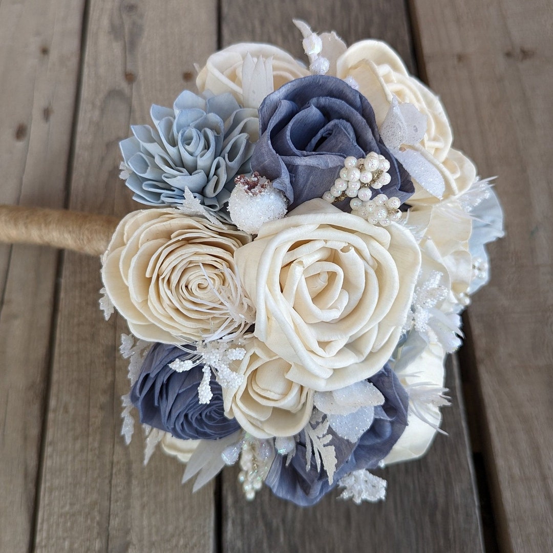 Wood Flower Bouquet, Dusty Blue Sola Wood Flowers Wedding Bouquet ...