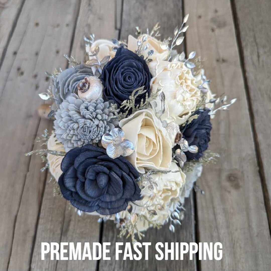 Pre-made Navy Blue and Silver Sola Wood Flower Bouquet, Navy Wedding ...