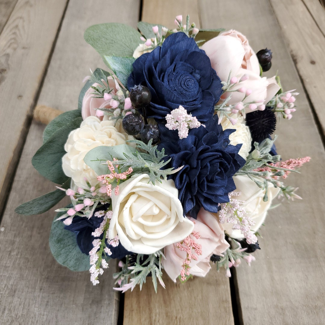 Wedding Bouquet With Navy and Light Pink Sola Wood Flowers, Bouquet for ...