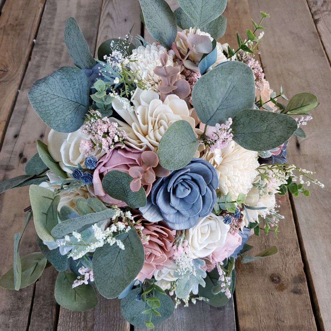 Wood Flower Bouquet, Dusty Blue Wedding Bouquets, Dusty Blue & Blush ...
