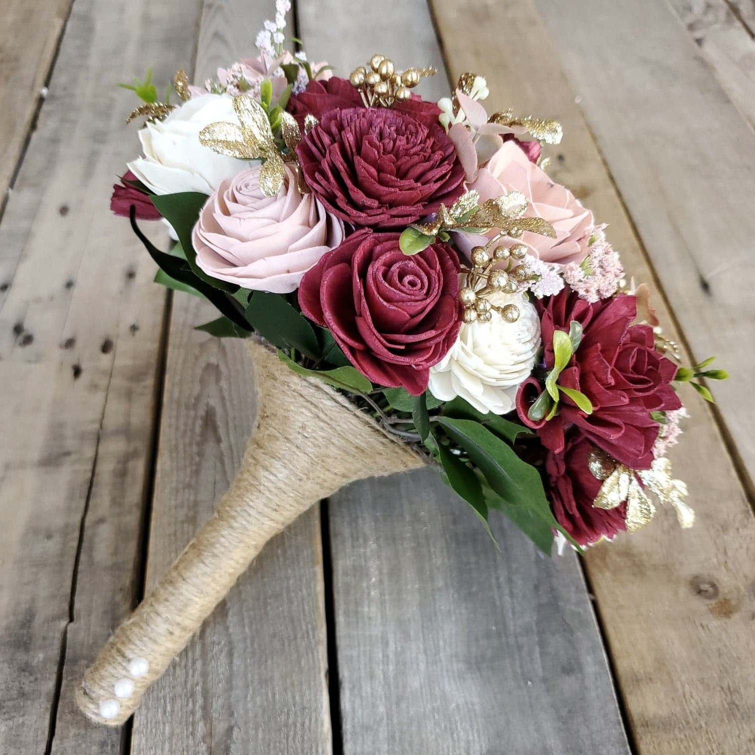 Burgundy Blush and Cream Wood Flower Bouquet With Gold - Etsy