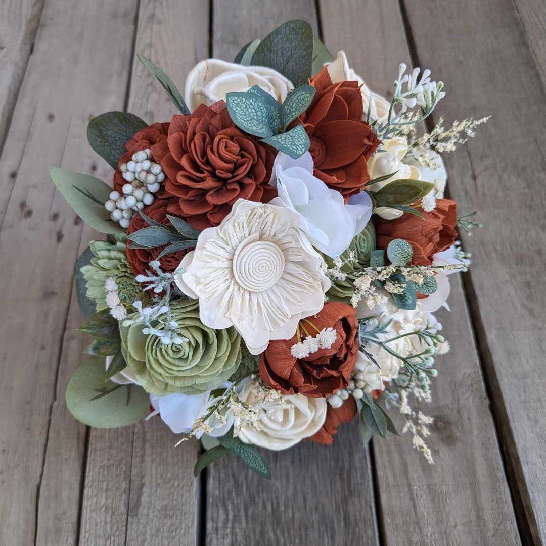 Wood Flower Bouquet, Rust and Sage Wedding Bouquet, Fall Bridal Bouquet ...