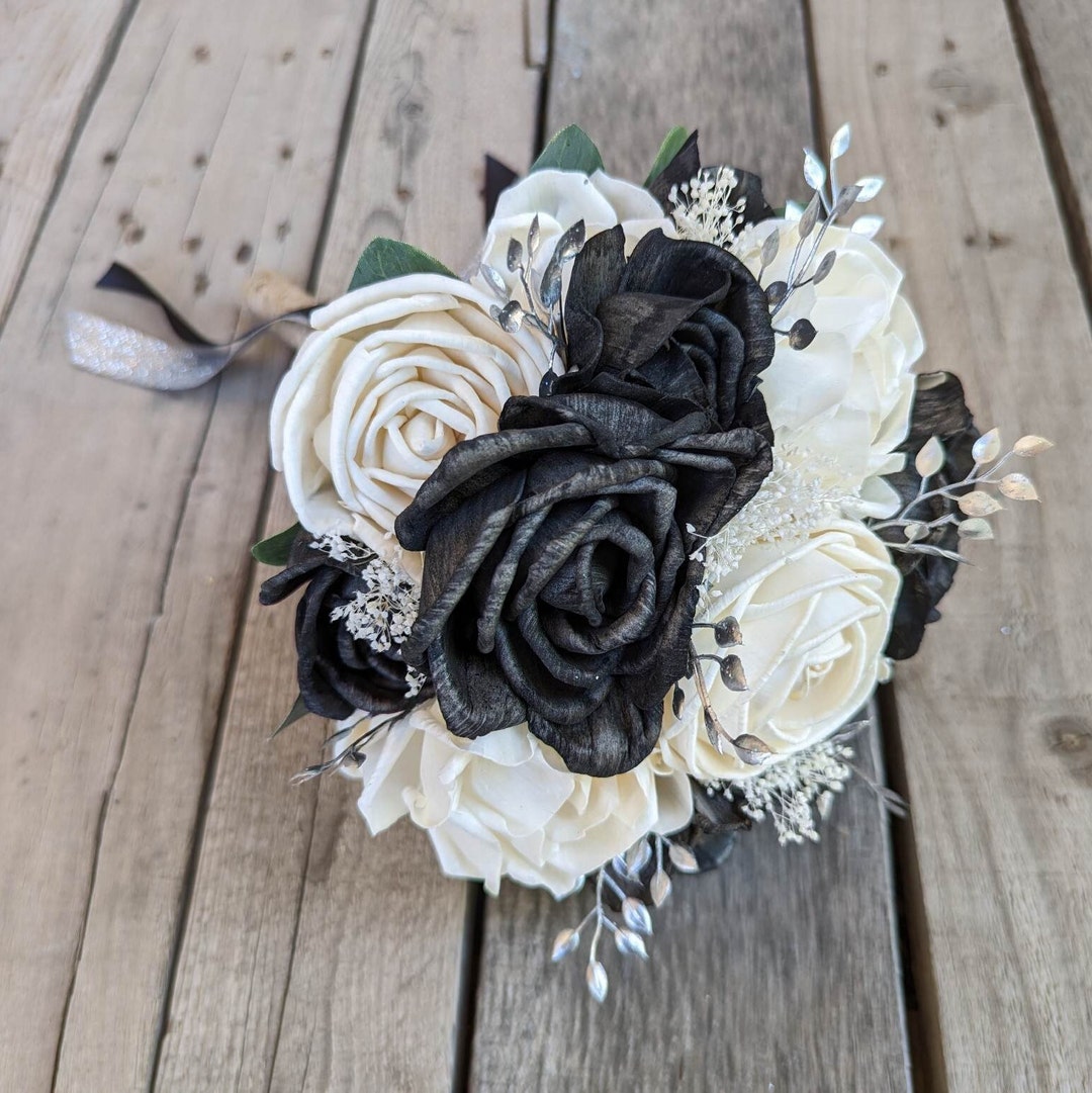 Wood Flower Bouquet, Black and White Wedding Bouquets, Wooden Flower ...
