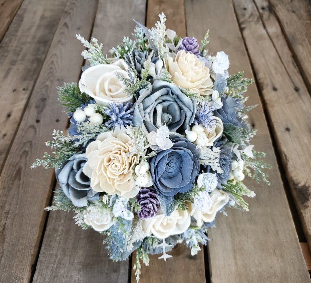Slate Blue, Sparkly Gray, and Cream Winter Inspired Sola Wood Flower ...