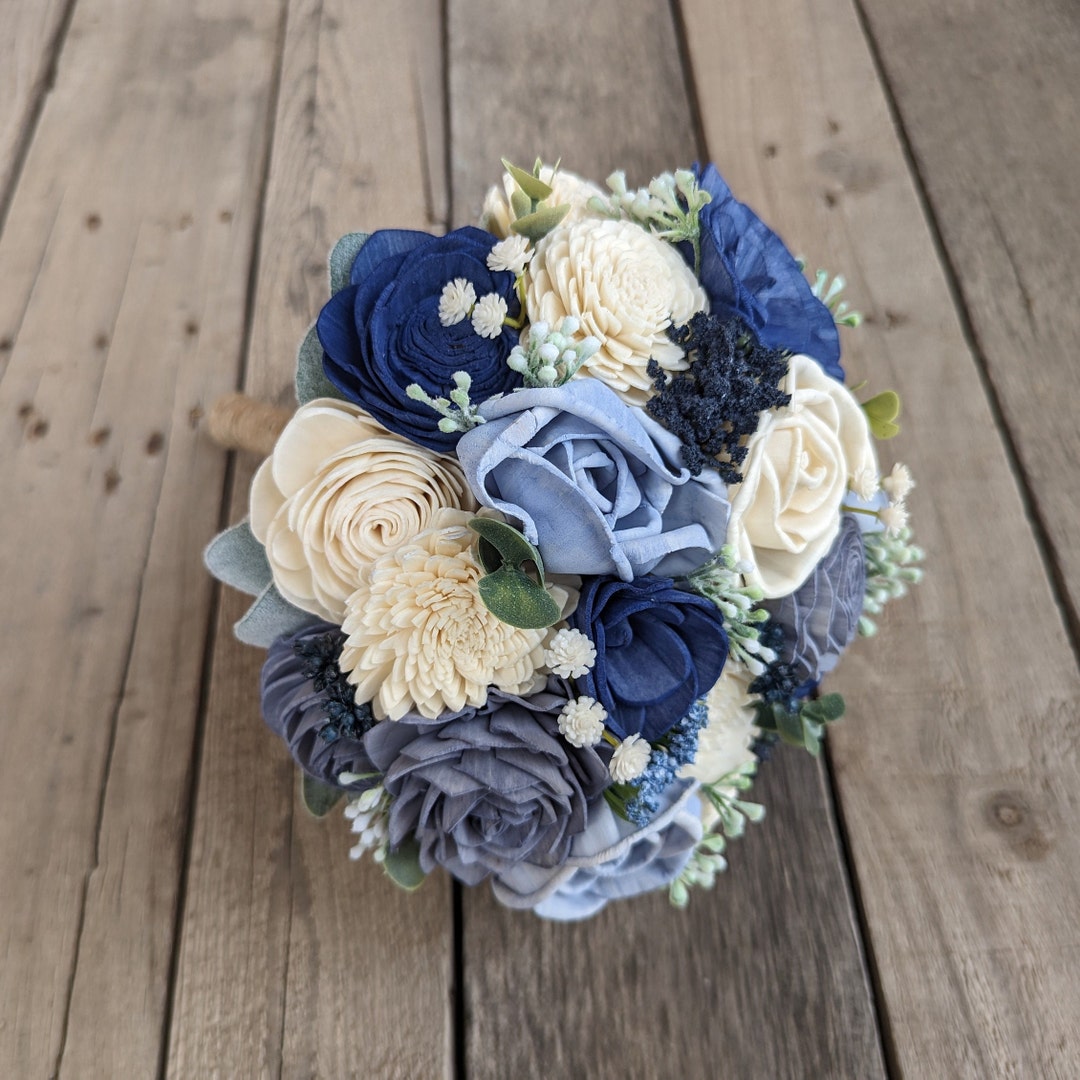 Artificial Blue Wedding Bouquet With Sola Wood Flowers, Wooden Flower ...