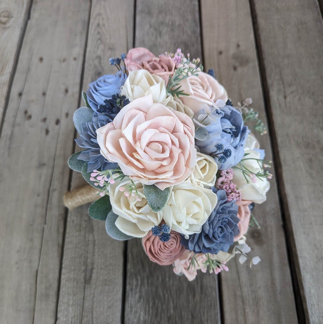 Wood Flower Bridal Bouquet With Slate Blue, Blush Pink, Light Blue, and ...