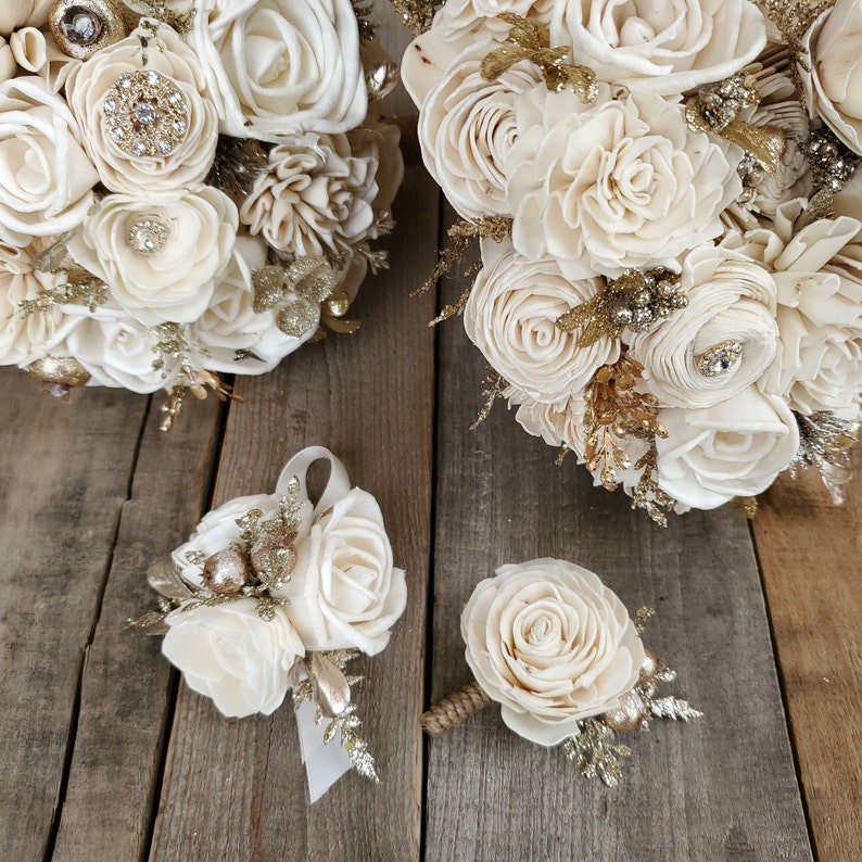 Gold Glitter Wrist or Pinned Corsage Made With Sola Wood | Etsy