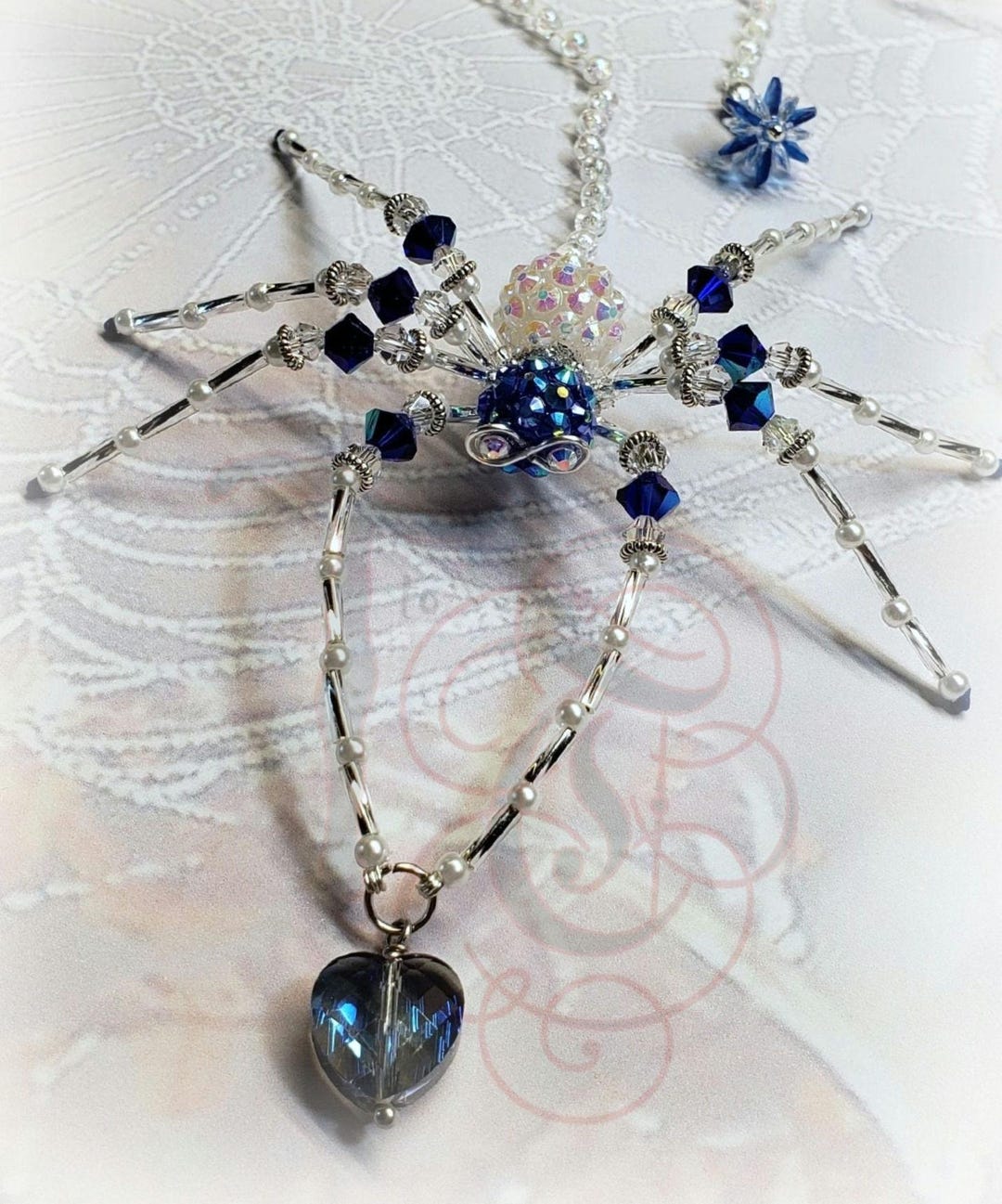 Crystal Heart Spider Blue and White Spider Good Luck Spider Whimsical ...