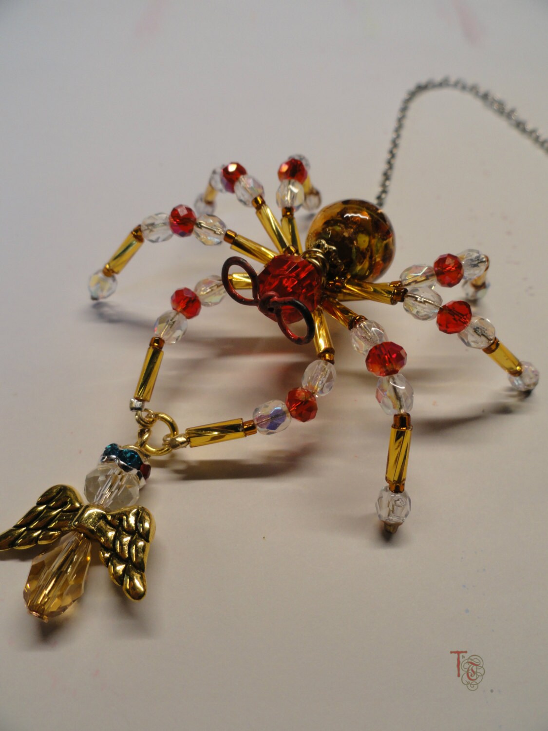 Christmas Spider; Red and Gold Beaded Spiders; Ornaments; Angel Charm ...