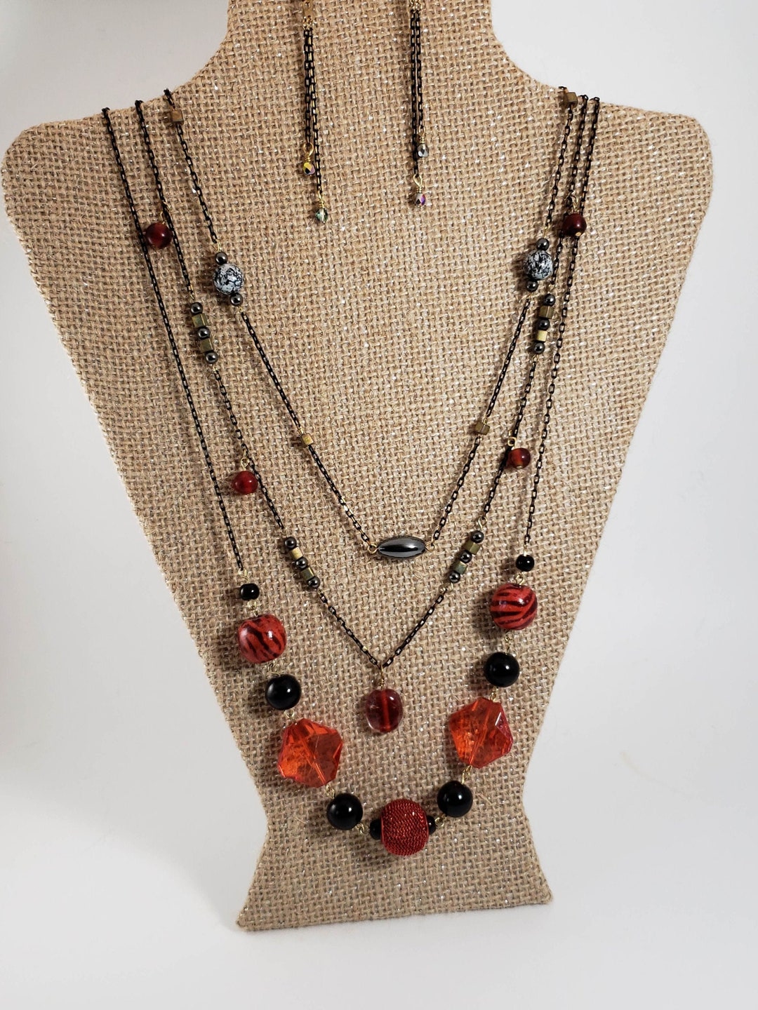 Red & Black Layered Necklace: Convertible Multi Strand Design - Etsy