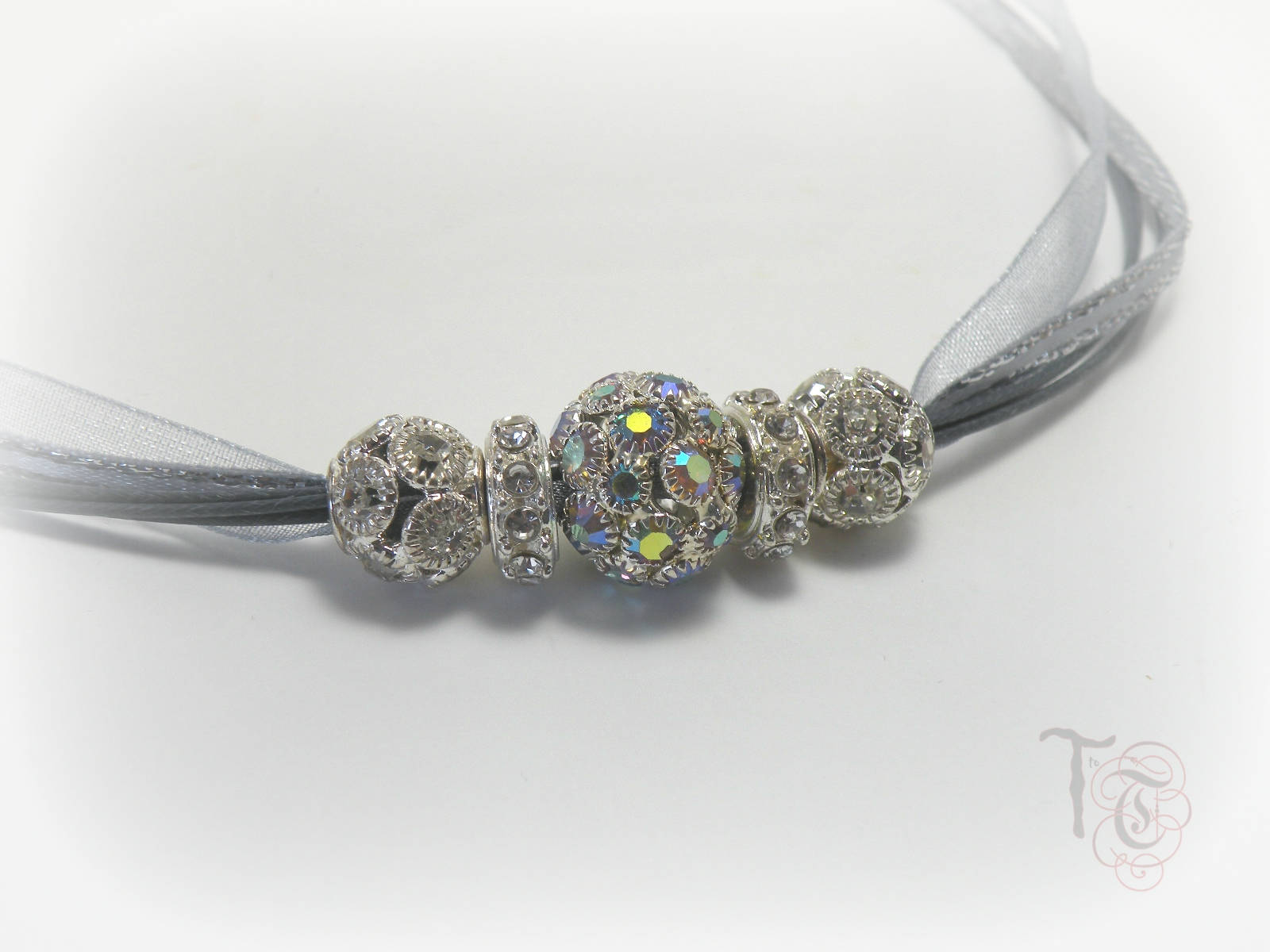 Silver and Gray Organza Ribbon Necklace/Ribbon Necklace/Silver Beads ...