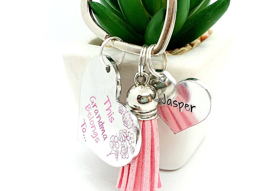 Personalised Grandma Keyring: Grandchild Name Tag With Pink Tassel ...