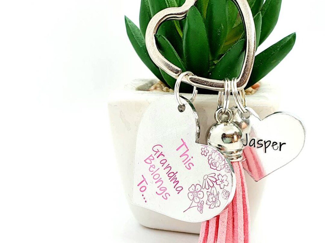 Personalised Grandma Keyring: Grandchild Name Tag With Pink Tassel ...
