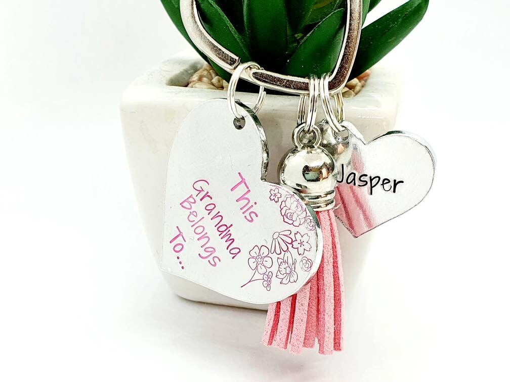 Personalised Grandma Keyring: Grandchild Name Tag With Pink Tassel ...