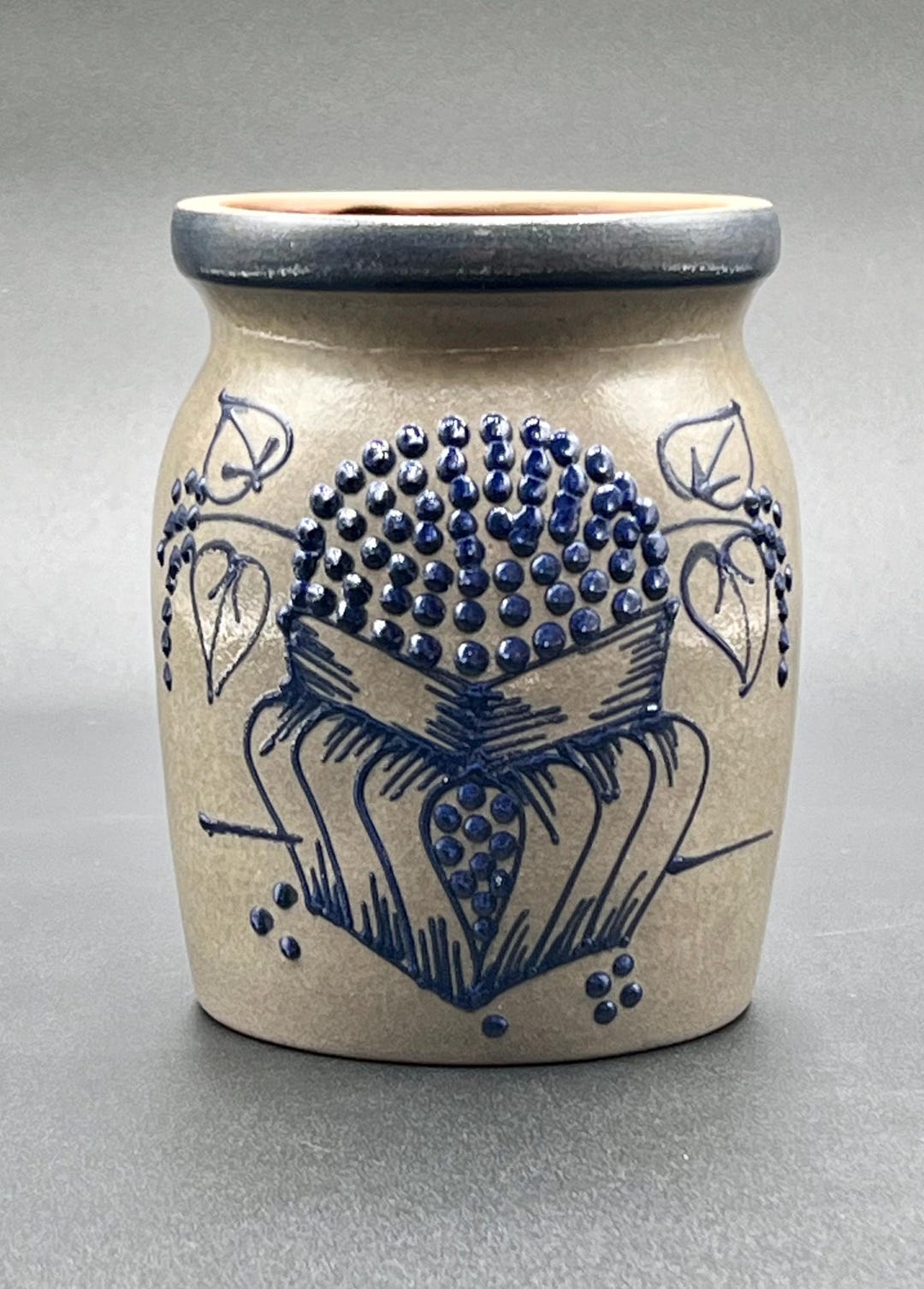 Beaumont Pottery or Stoneware Crock Grey and Blue Glaze Berries 5 1/2 ...