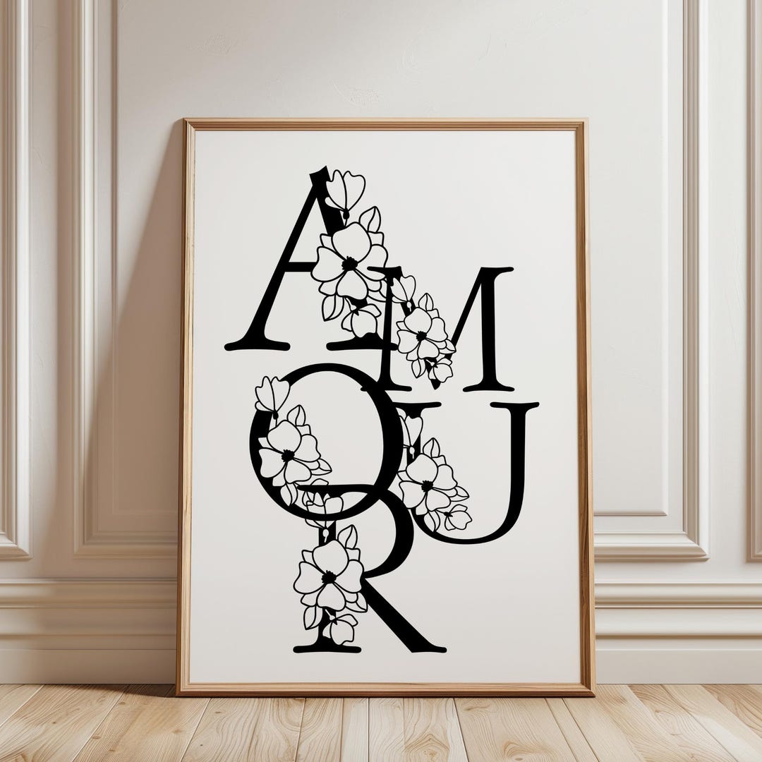 Amour Floral Letters Love Print Black and White Printable Wall Art ...