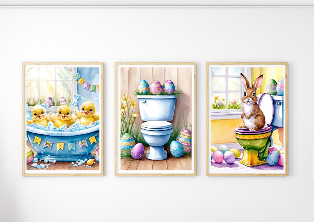 Easter Bathroom Decor Toilet Wall Art Spring Prints Easter Bunny on the ...