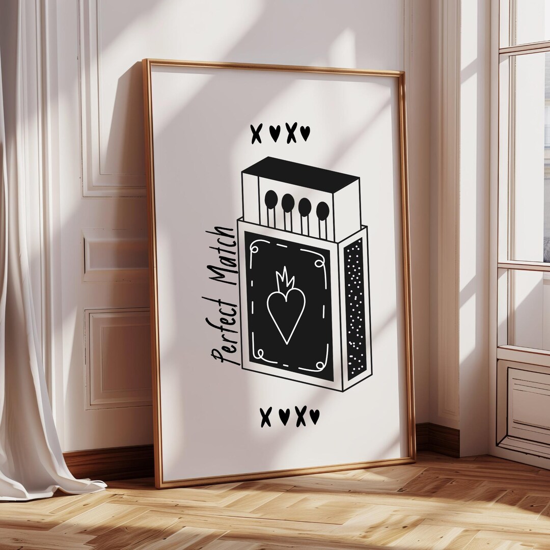 Perfect Match Print Matchbox Wall Art Valentine’s Day Decor Black and ...