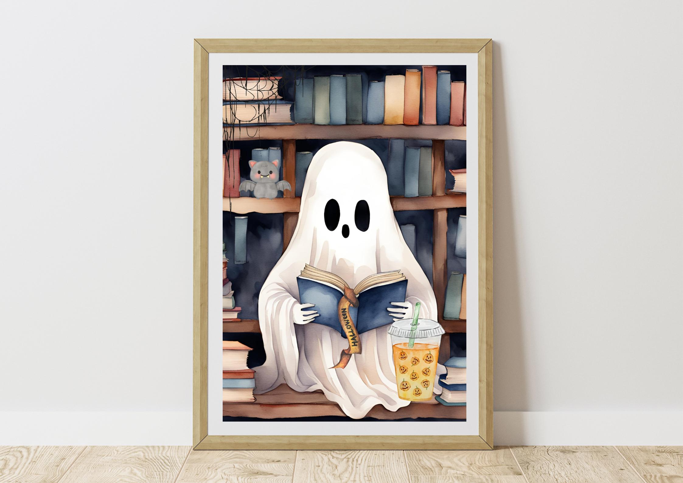 Ghost Reading the Book Print Cute Halloween Poster Ghost in the Library ...