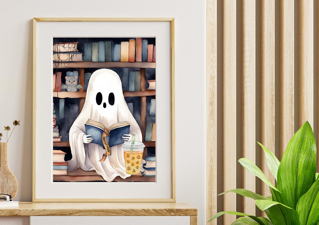 Ghost Reading the Book Print Cute Halloween Poster Ghost in the Library ...