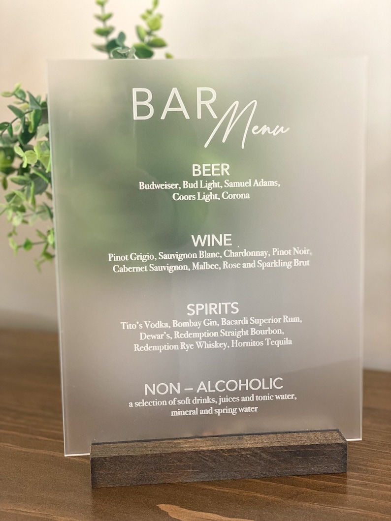 Frosted Acrylic Bar Menu Sign Custom Bar Menu Wedding Bar - Etsy