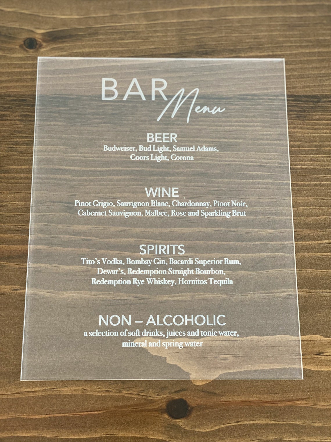Frosted Acrylic Bar Menu Sign, Custom Bar Menu, Wedding Bar Sign ...
