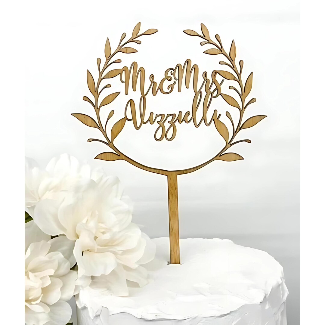 Wreath Cake Topper, Custom Name Wedding Cake Topper, Olive Leaf Wreath ...