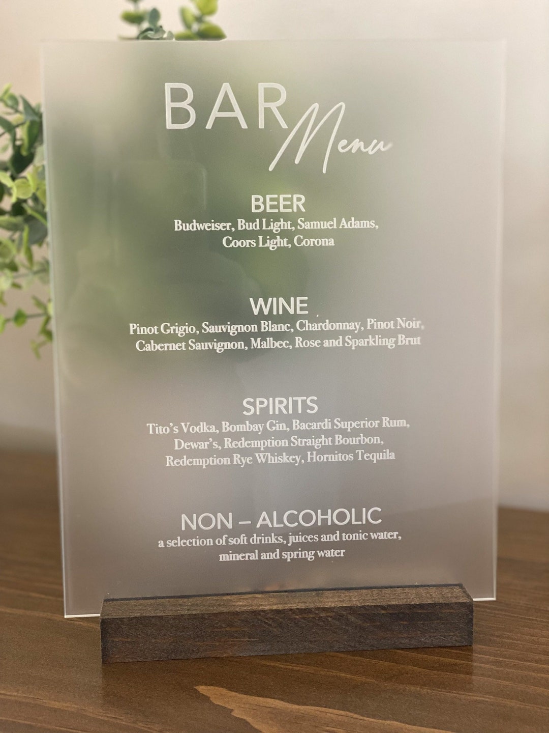 Frosted Acrylic Bar Menu Sign, Custom Bar Menu, Wedding Bar Sign ...
