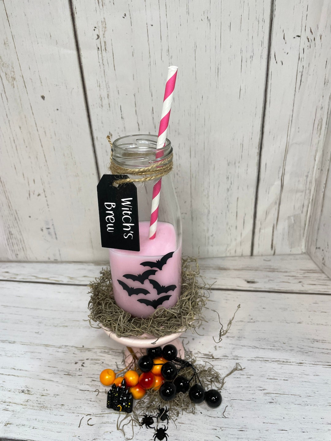 Witchs Brew Milk, Pink Milk, Halloween Decor, Halloween Bats, Glass ...