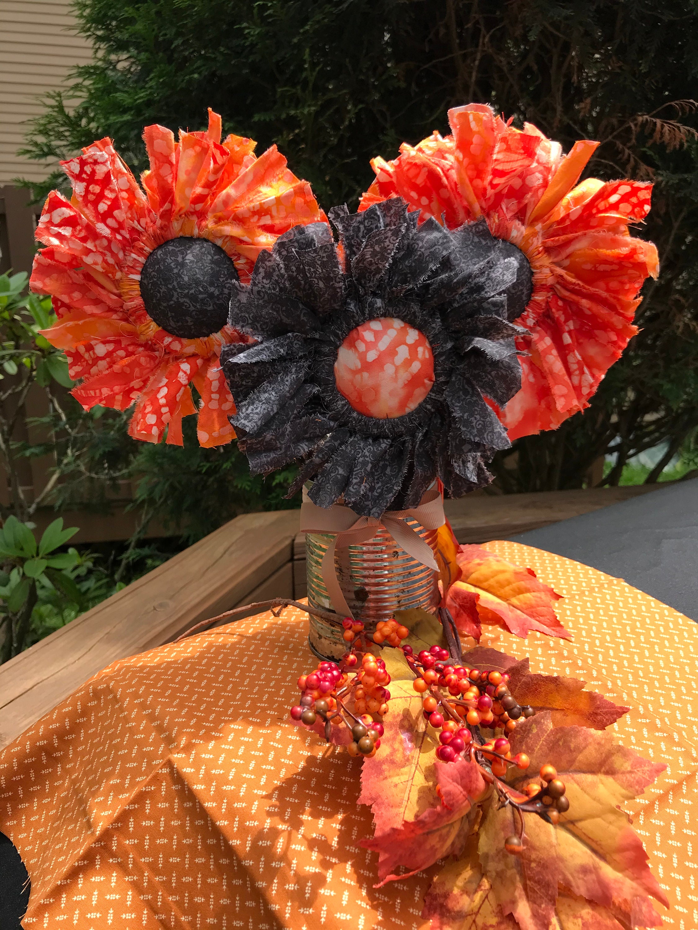 Set of 3 Fall Rag Flowers Black and Orange Flowers Fall | Etsy