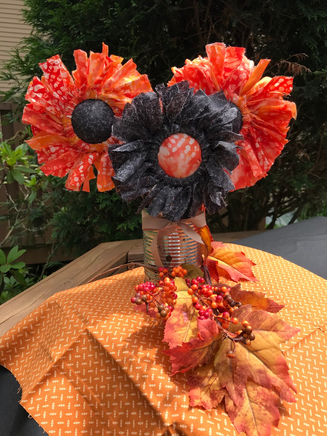 Set of 3 Fall Rag Flowers, Black and Orange Flowers, Fall Decor, Table ...