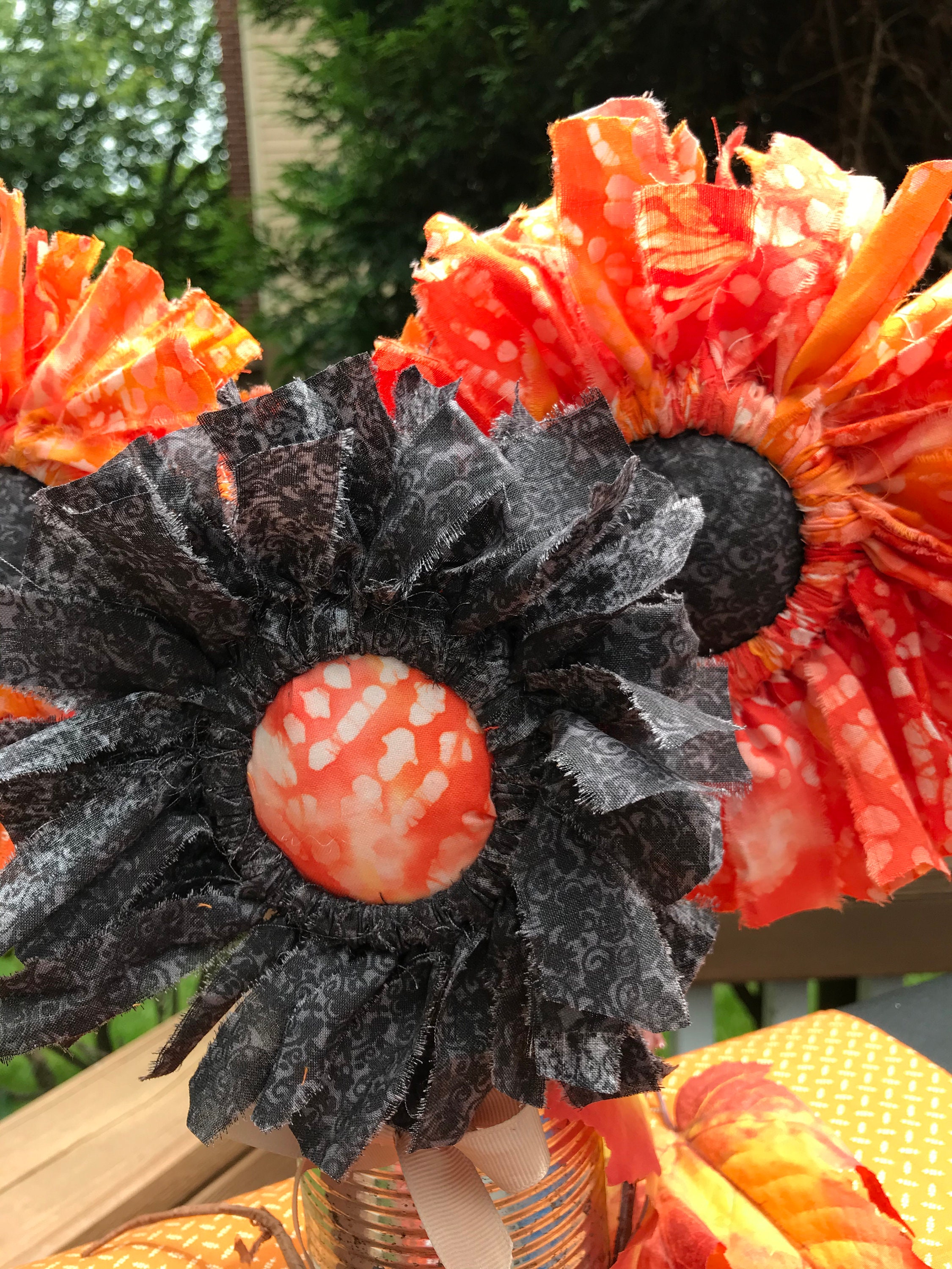 Set of 3 Fall Rag Flowers Black and Orange Flowers Fall | Etsy