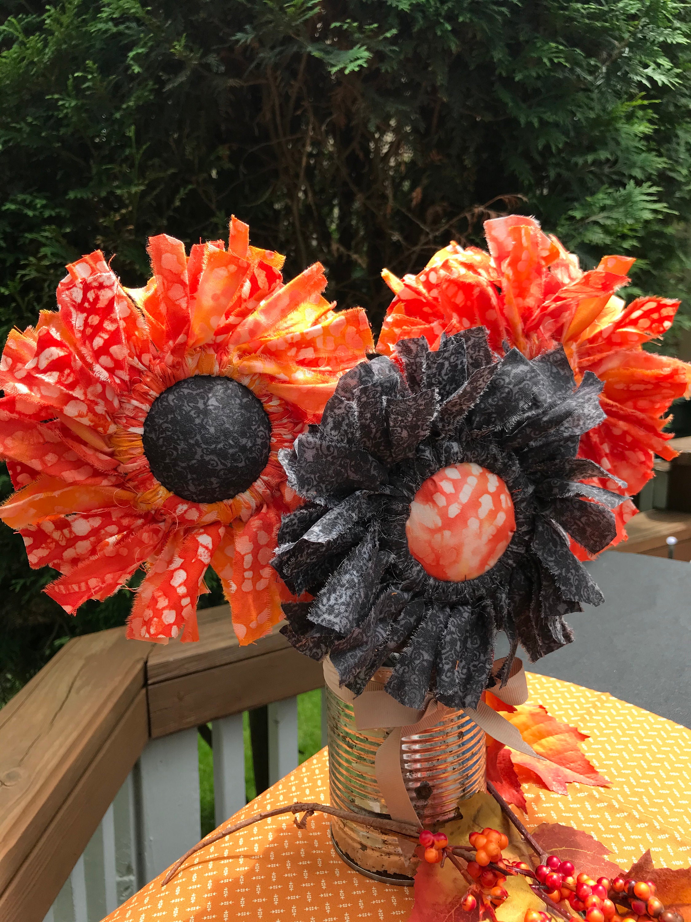 Set of 3 Fall Rag Flowers Black and Orange Flowers Fall | Etsy