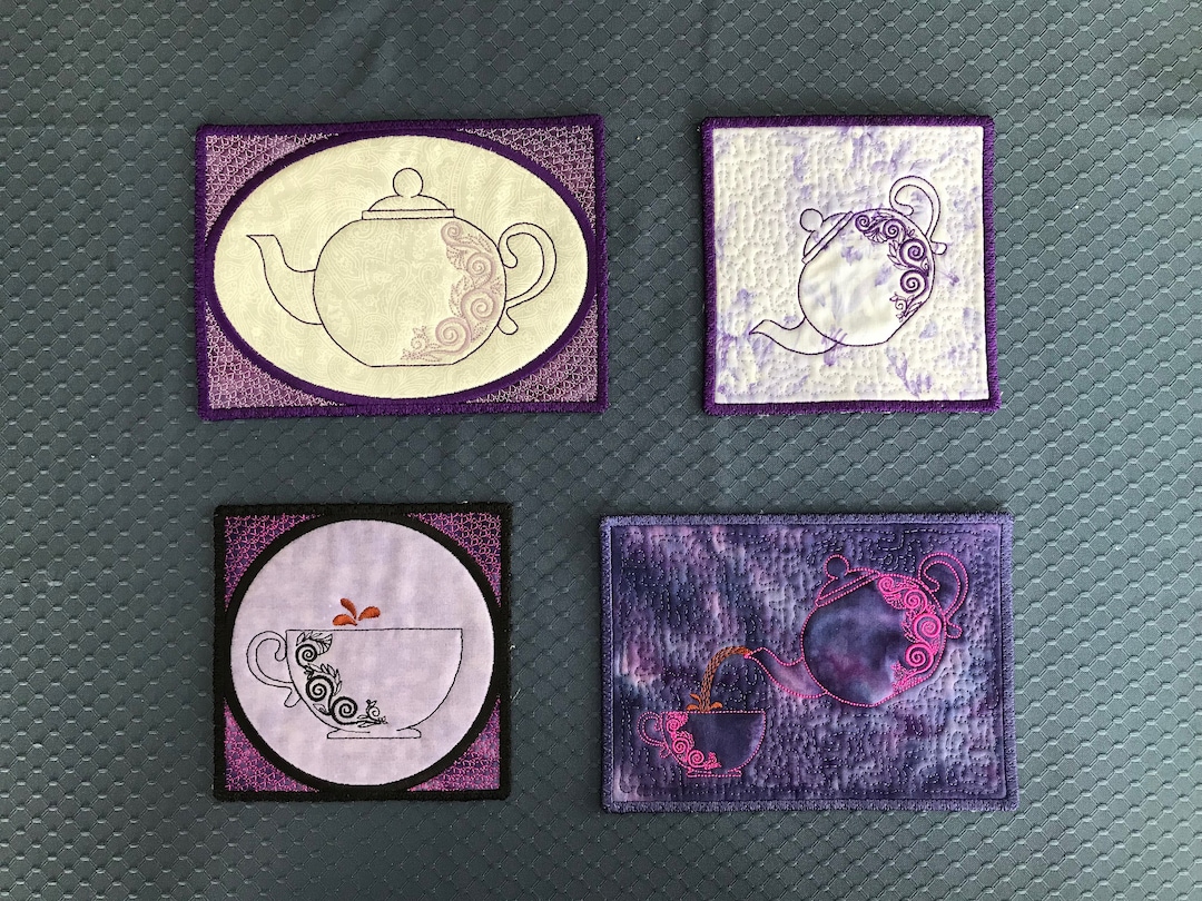 Tea Time ITH Mug Rug - 4 Tea Time Mug Rug Embroidery Design- Tea Pot ...