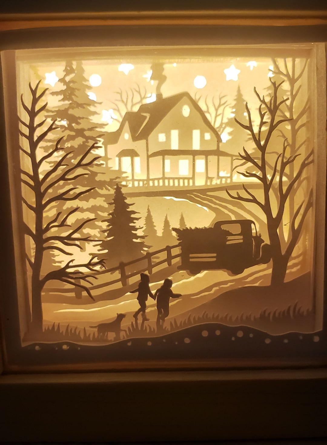 Miniature Christmas Tree & Truck Cut Paper Lightbox Shadowbox Book Nook ...