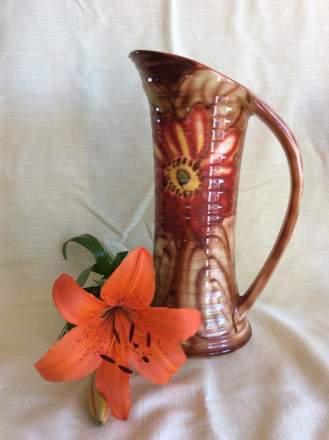 Vintage Art Deco Beswick Pottery Pitcher 1928 Poppy Flower Vase Ceramic ...