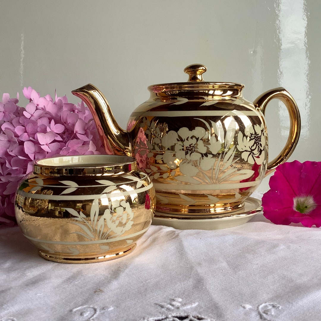 Sadler Tea Set Teapot Trivet Sugar Bowl Gold Gilt White Floral - Etsy