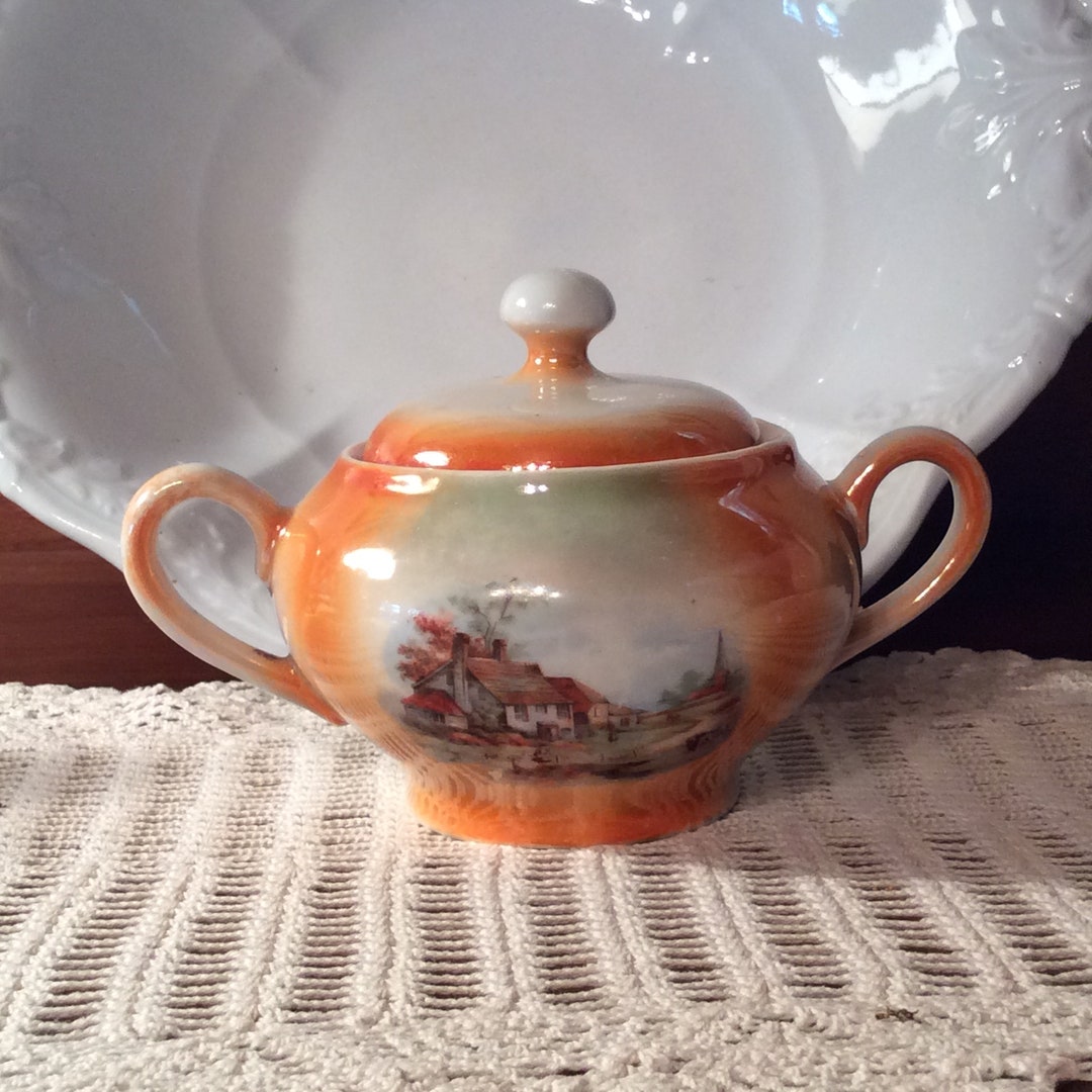 Antique Germany Lusterware Sugar Dish With Lid Transferware Country ...