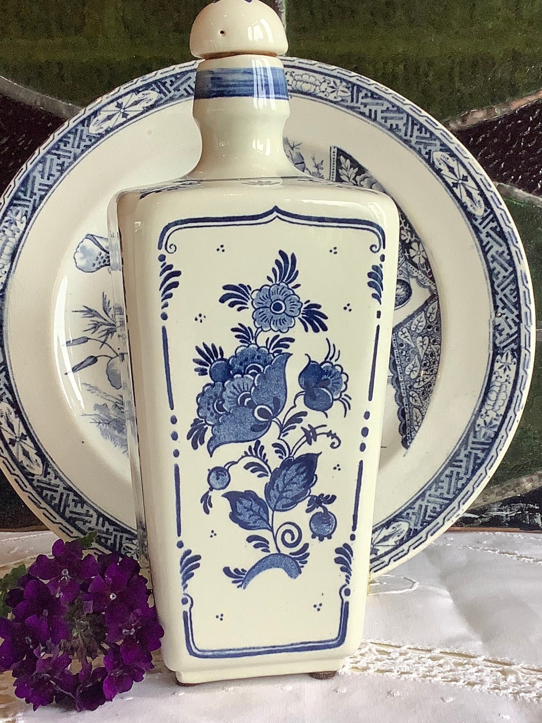 1987 Delft Blue Ceramic Bottle Decanter Dutch Windmill and Floral Scene ...