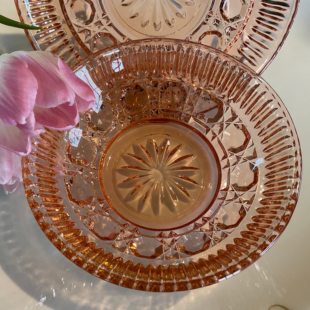 Federal Glass Windsor Pink Button and Cane Nappy Bowl and Plate Indiana ...