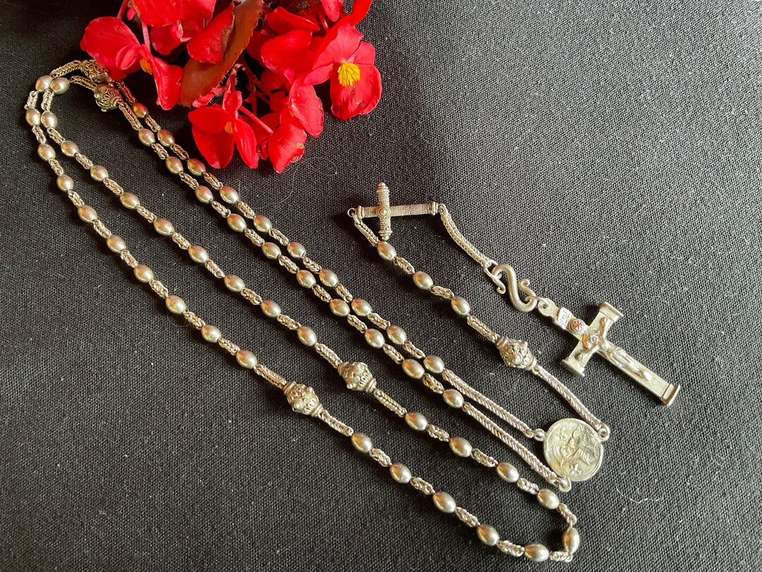 Superb 24’’ Rosary Silver Tone Metal Chain Links Religious Chaplet ...