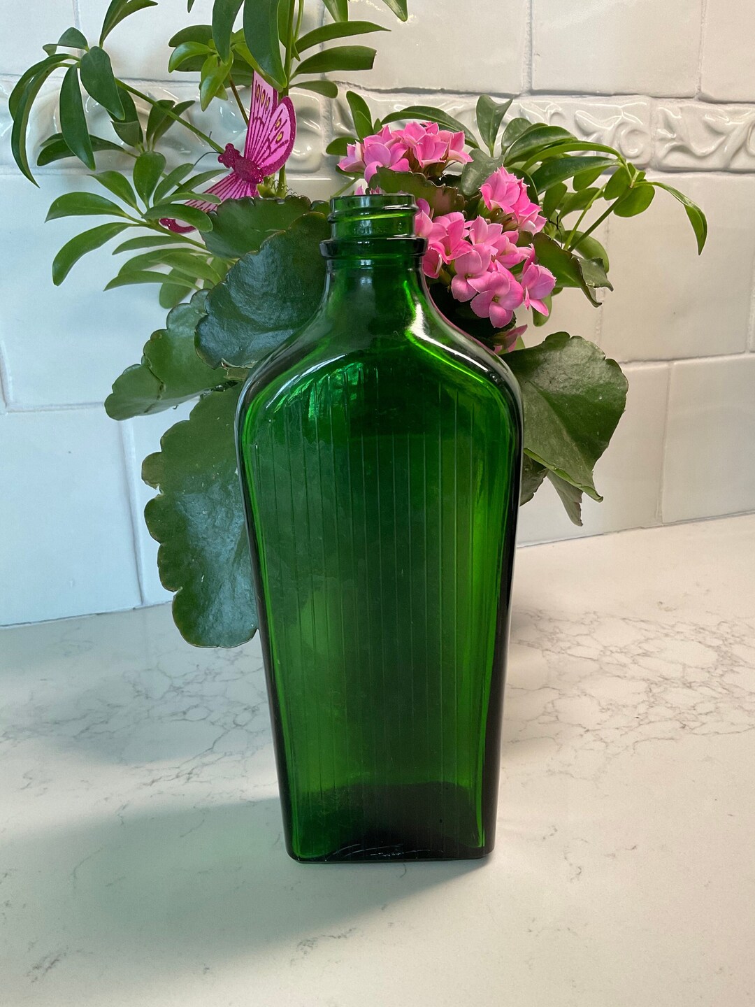 Antique Flask Green Ribbed Gin Whiskey Empty Bottle Coffin Shape ...