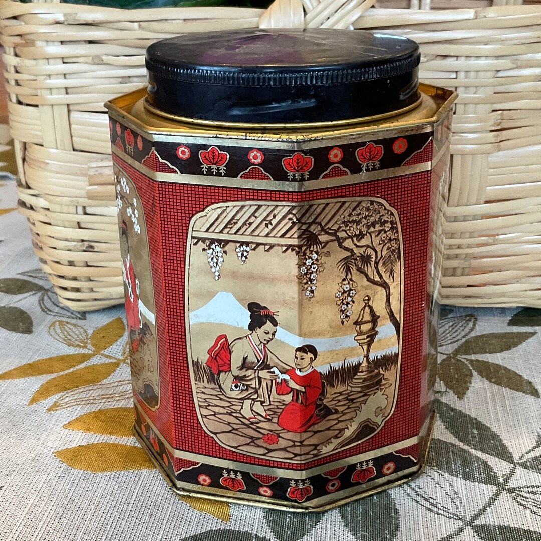 Old Vintage Octagon Biscuit Jar or Tea Tin Metal Canister Asian Scenes ...
