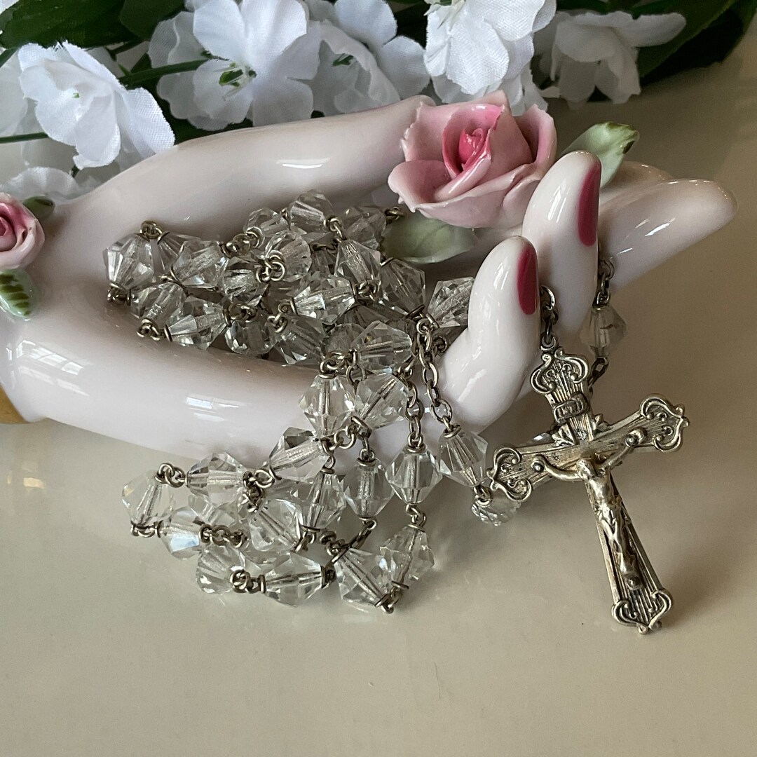 Sterling Rosary Clear Crystal Beads Roman Catholic Chaplet Vintage ...