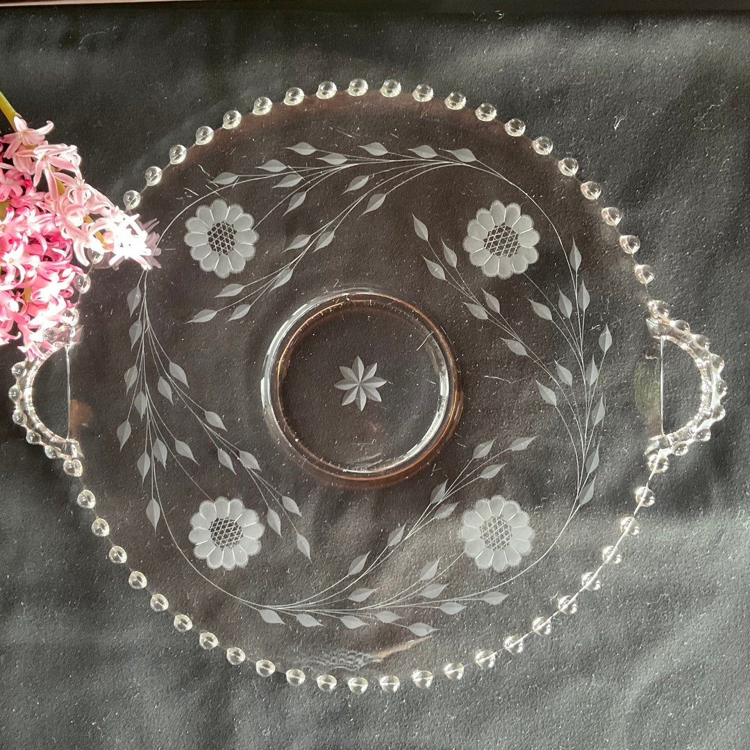 Large 14 Candlewick Cake Platter Handle Plate Hughes Cornflower Etching ...