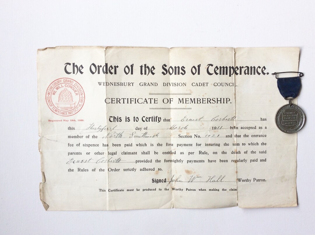 Temperance Society Certificate and Medal - Band of Hope, Temperance ...