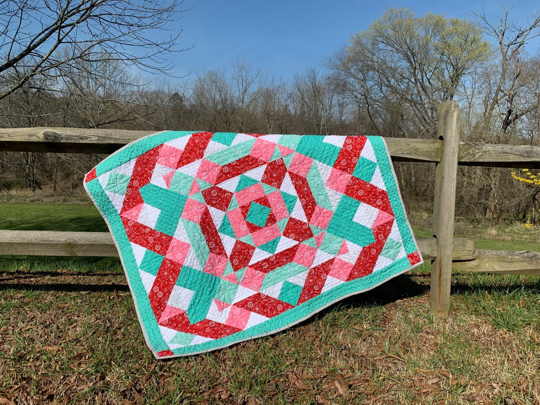 Geranium Quilt Red Pink and Teal Quilt Bright Colored - Etsy